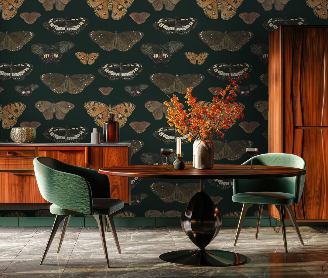 Dark Moth Wallpaper, Vintage Wall Mural, Wainscoting Wall Covering ...