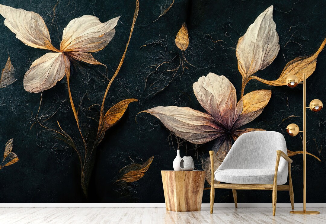 Dark Abstract Wallpaper Exotic Flowers Floral Pattern Wall - Etsy