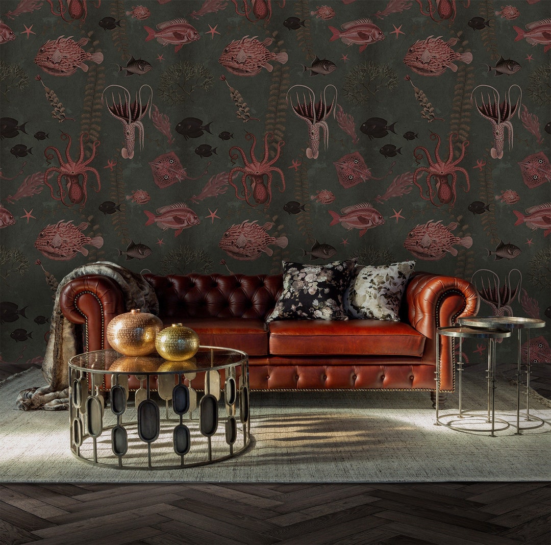 Vintage Sea Animal Wallpaper With Seaweed, Wall Art, Wall Covering ...