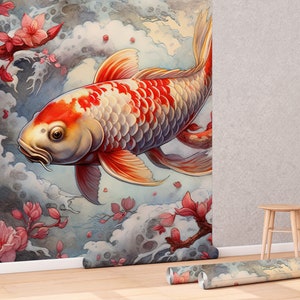 Red Colorful Fish Wallpaper, Koi Fish Mural, Self Adhesive (peel and ...