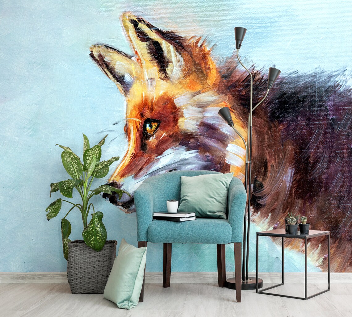 Wallpaper With Wild Animal Red Fox Light Blue Background - Etsy