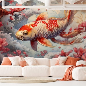 Red Colorful Fish Wallpaper, Koi Fish Mural, Self Adhesive (peel and ...