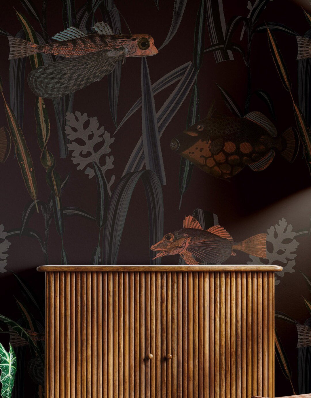 Dark Fish Wallpaper, Sea Life, Vintage Wall Art, Wainscoting Wall ...