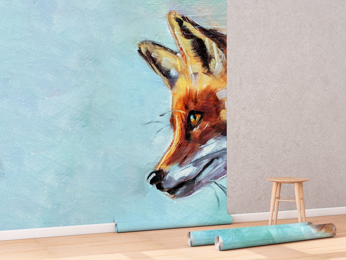 Wallpaper With Wild Animal Red Fox Light Blue Background - Etsy