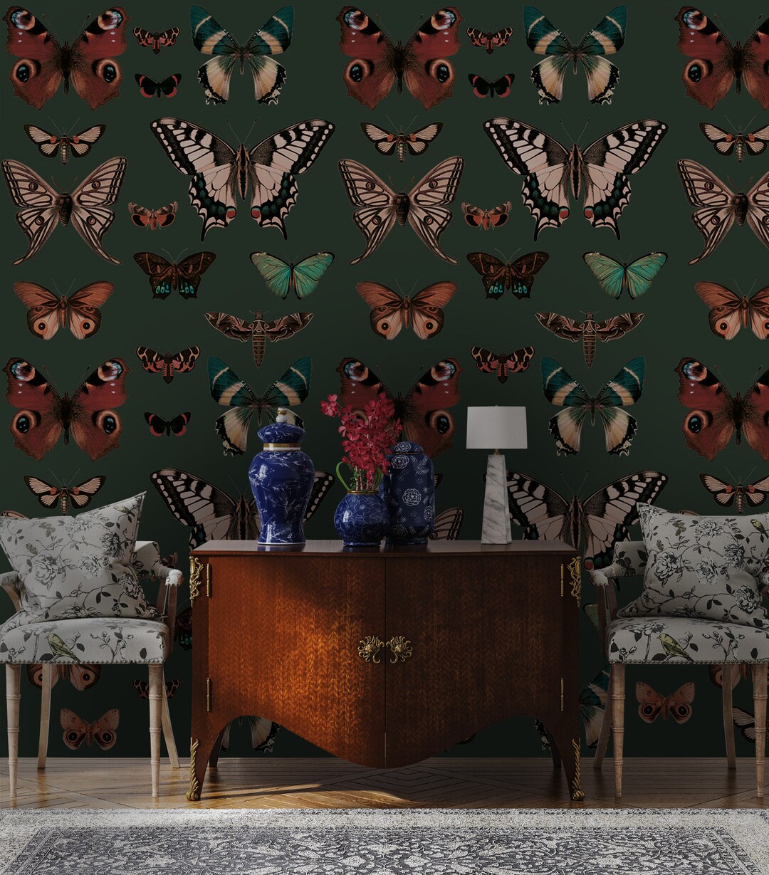 Butterfly Wallpaper Green, Dark Wallpaper, Insect Print, Vintage Wall ...