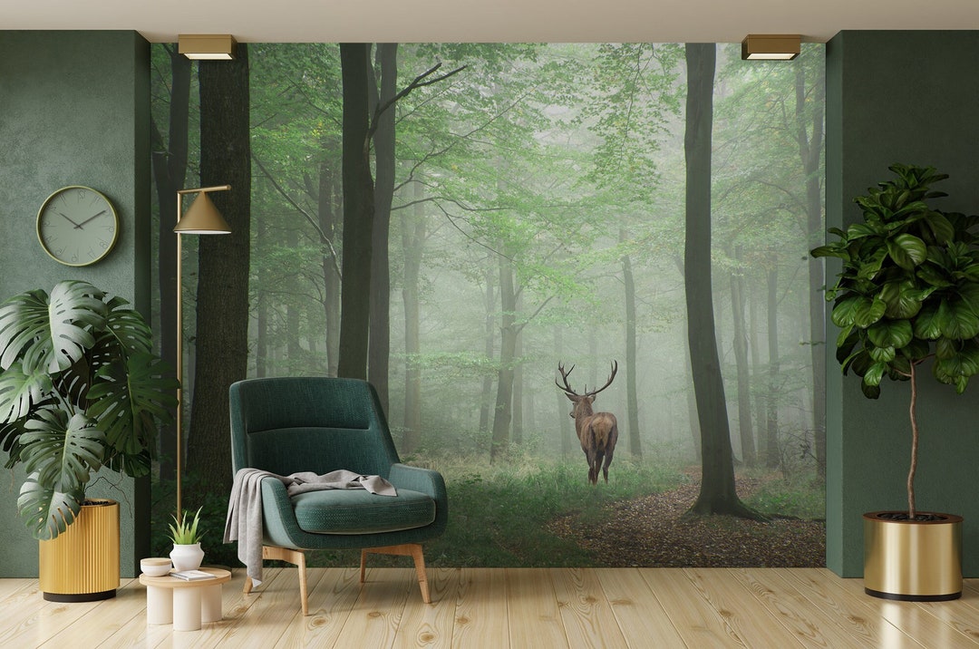 Beautiful Forest Wallpaper With Deer, Wall Mural, Self Adhesive peel ...