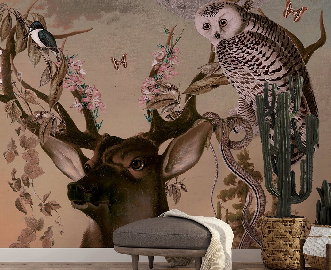 Abstract Animal Wallpaper, Vintage Wall Art, Deer and Bird Home Decor ...