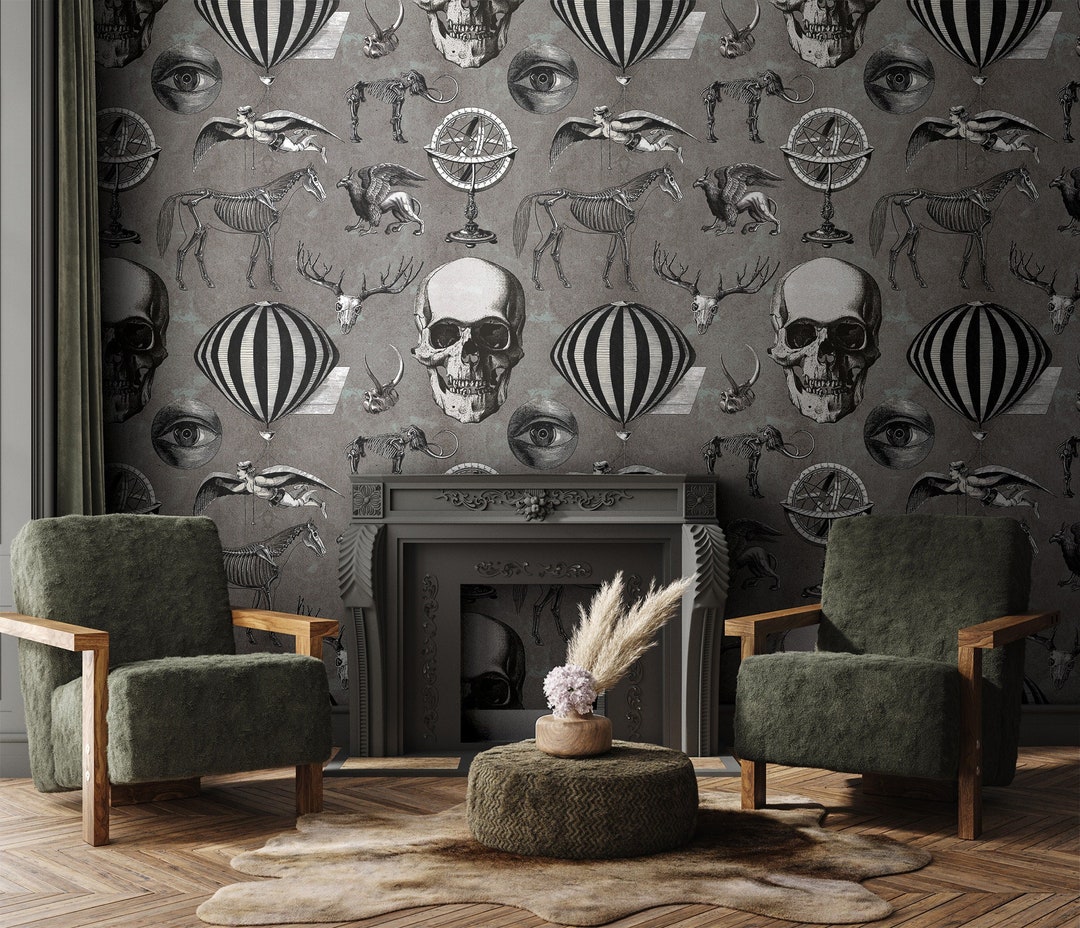 Black and White Skeleton Wallpaper, Wall Mural, Wainscoting Wall ...
