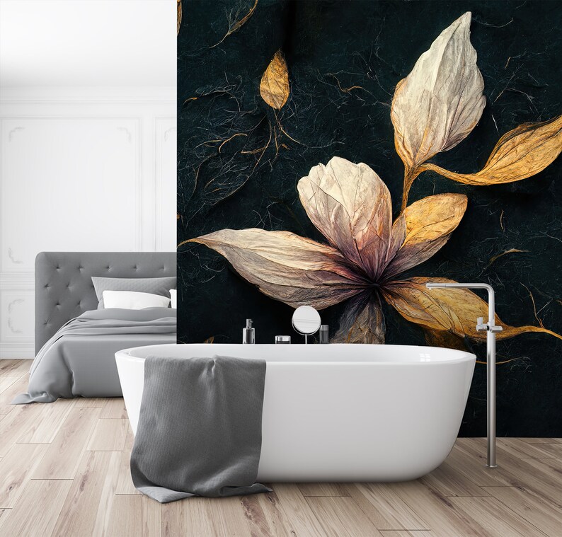 Dark Abstract Wallpaper Exotic Flowers Floral Pattern Wall - Etsy
