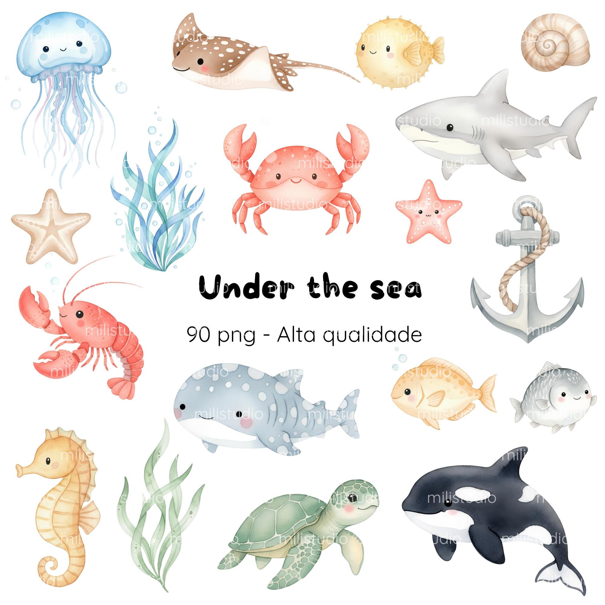 Digital Kit Under the Sea in Watercolor, Cute Sea Animals Clipart ...