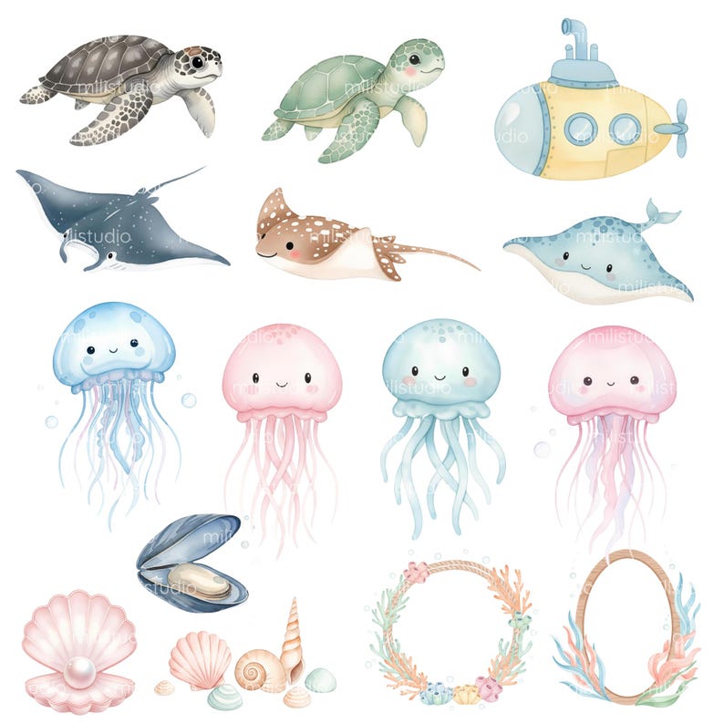 Digital Kit Under the Sea in Watercolor, Cute Sea Animals Clipart ...
