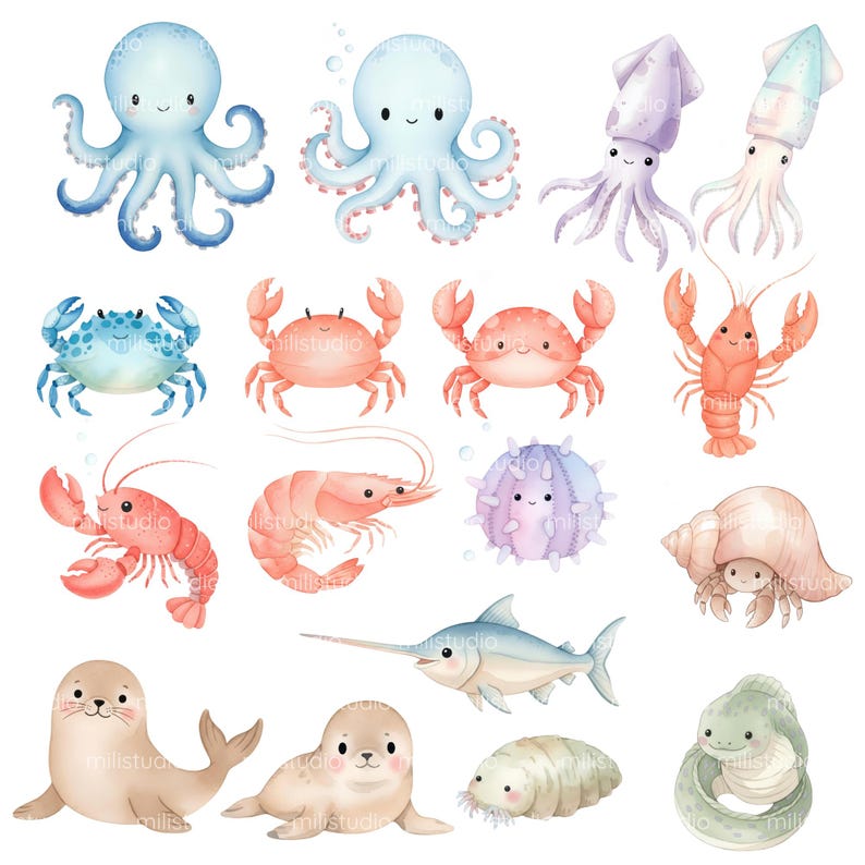 Digital Kit Under the Sea in Watercolor, Cute Sea Animals Clipart ...