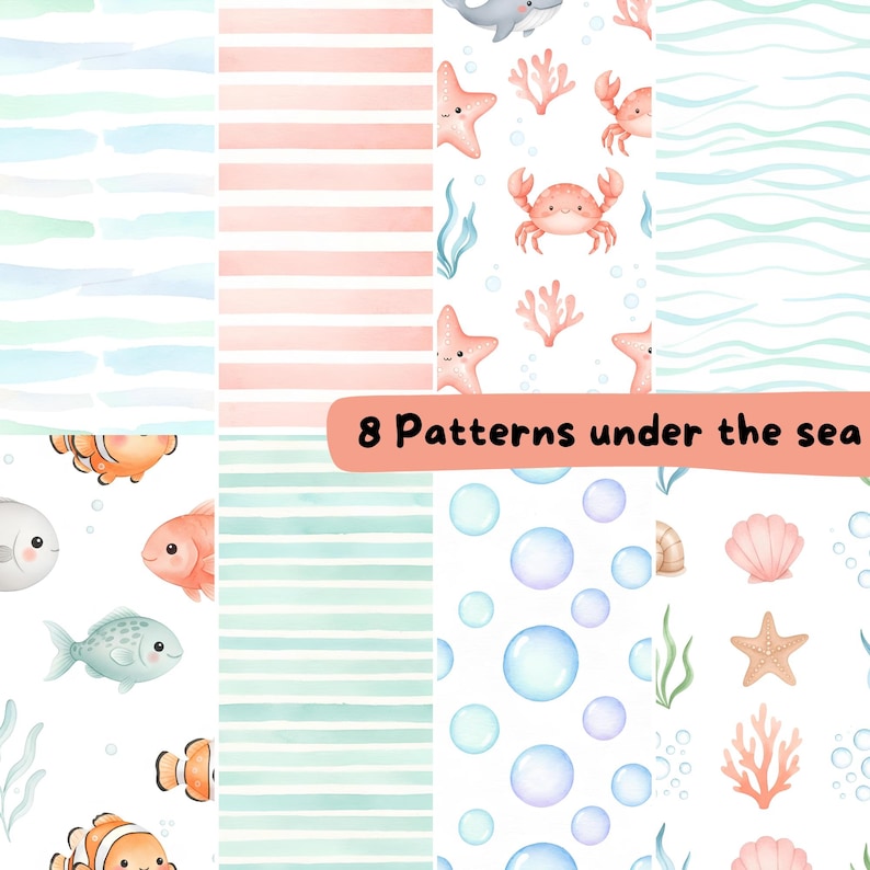 Kit Digital Fundo Do Mar Em Aquarela, Clipart Animais Do Mar Cute ...