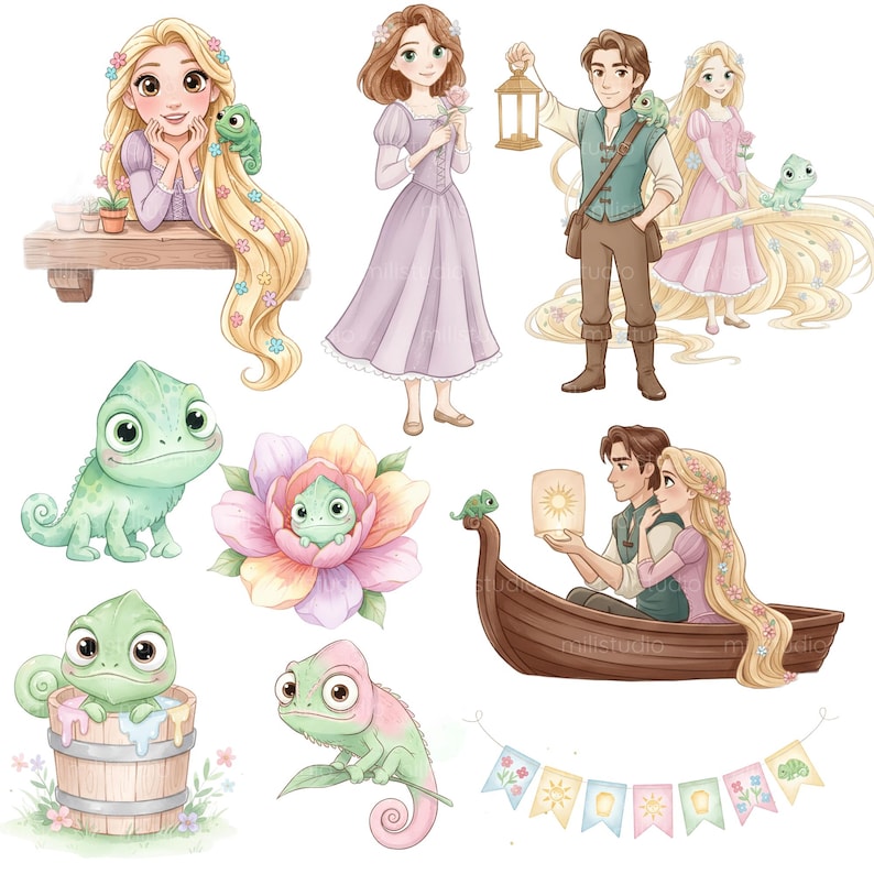 Tangled Rapunzel Watercolor Digital Kit, Rapunzel Watercolor Digital ...