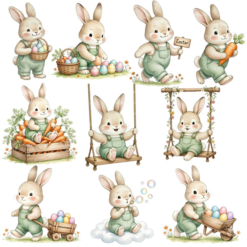 Easter Bunny Watercolor Clipart • Cute Digital Kit • 300 DPI PNG, Cute ...