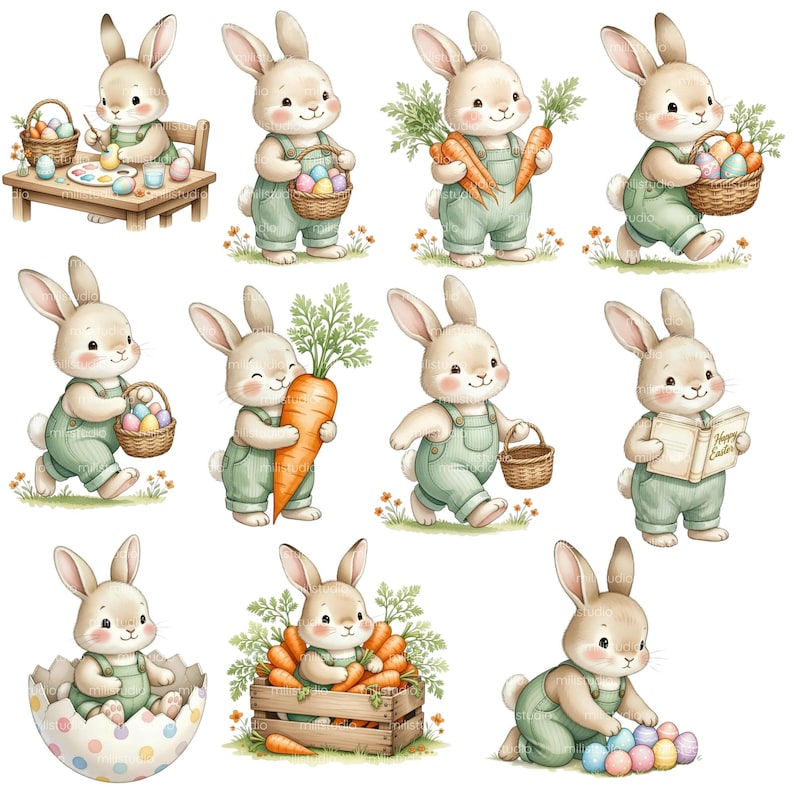 Easter Bunny Watercolor Clipart • Cute Digital Kit • 300 DPI PNG, Cute ...