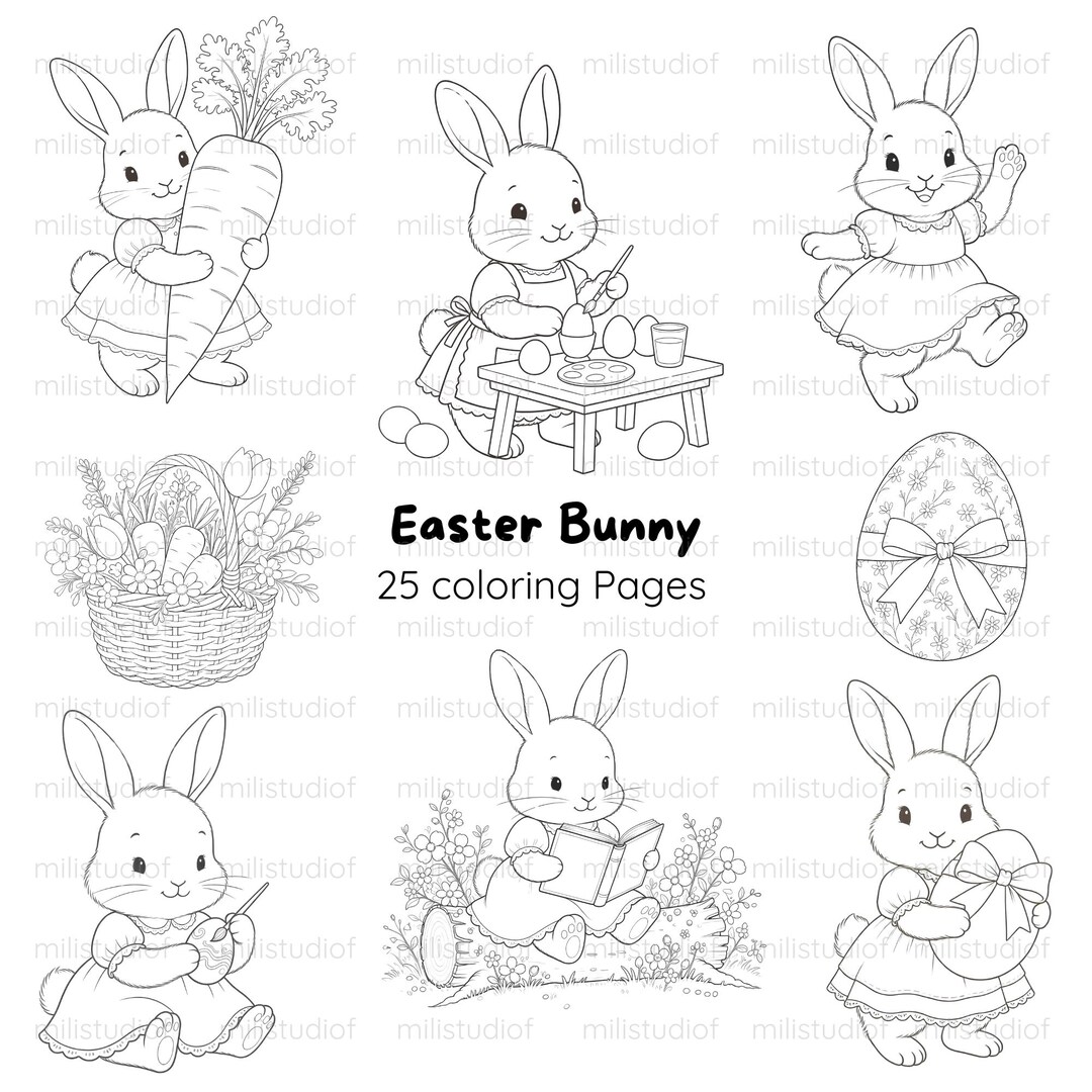 Cute Easter Bunny Coloring Pages, 25 JPEG Clipart for Kids, Spring Egg ...