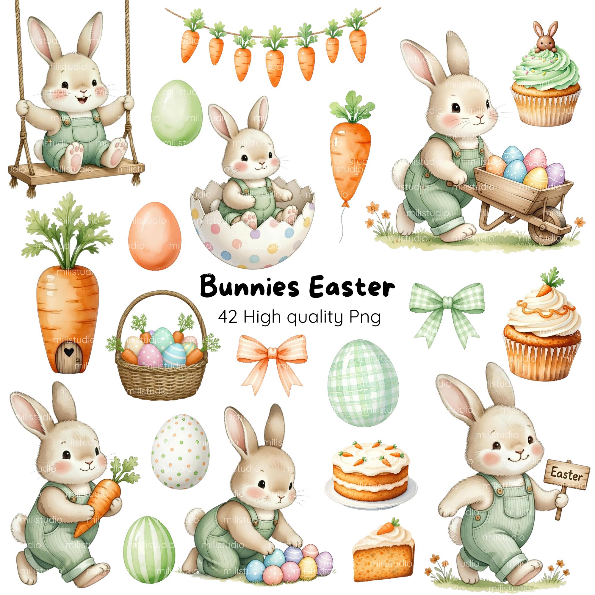 Easter Bunny Watercolor Clipart • Cute Digital Kit • 300 DPI PNG, Cute ...