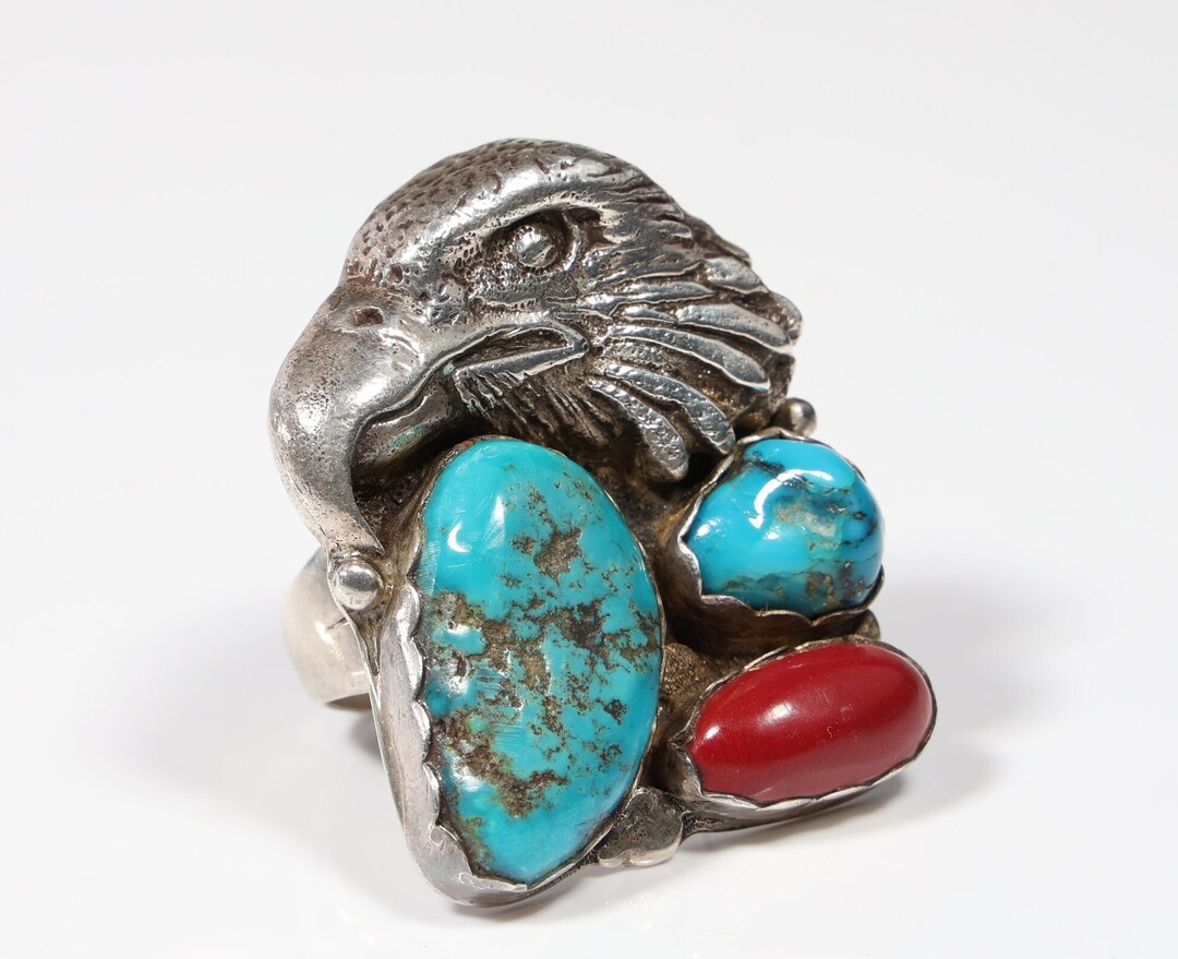 Rare Navajo Sterling Silver Eagle Head Turquoise Coral Designer Singed ...