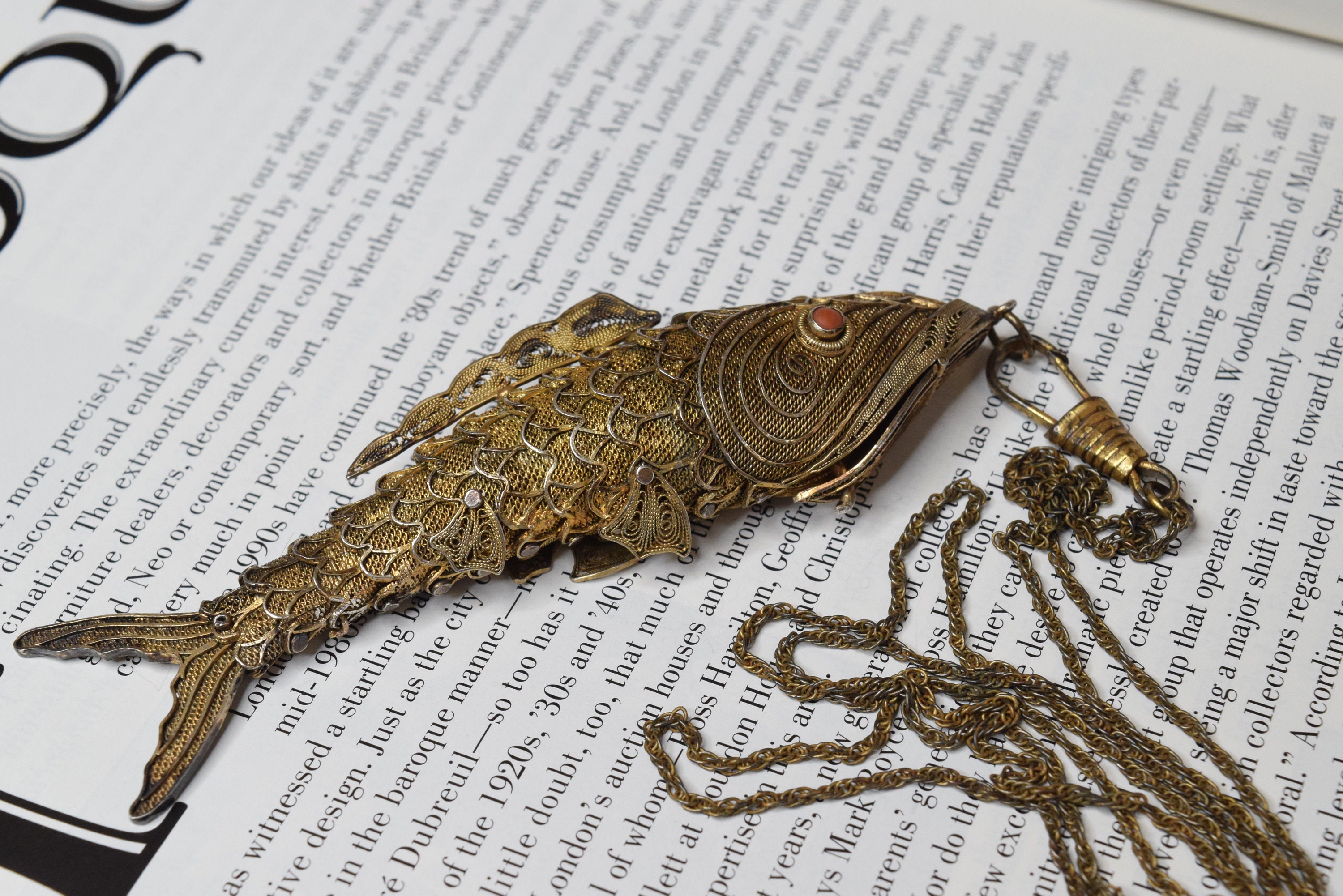 Vintage Collection Silver Filigree Movable Chinese Style Fish Pendant ...