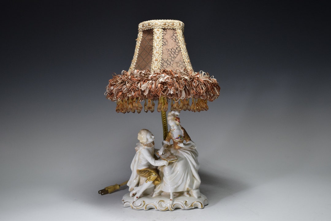 Vintage Porcelain Couple Figure Lamp With Fabric Shade, Signed Germany ...