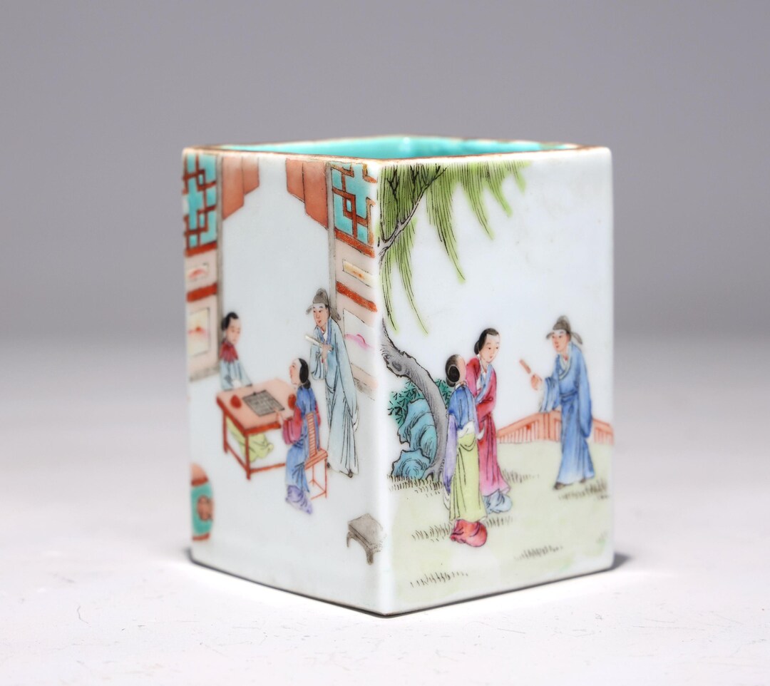 Chinese Famille Rose Hand Painted Storyteller Porcelain Square Brush ...