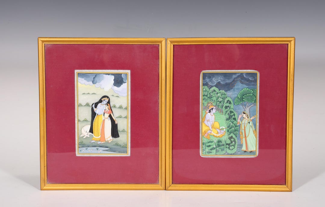 Pair of Indian Handed Painted Krishna Abhisarika, Kangra Miniature ...