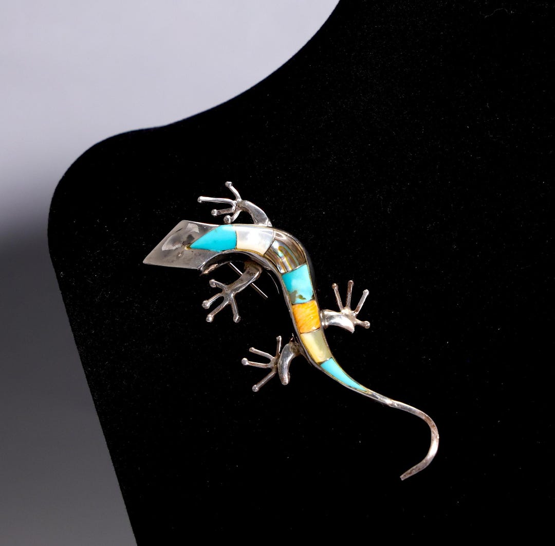 Native American Multi Gem Inlay Lizard Gecko Sterling Silver Brooch ...