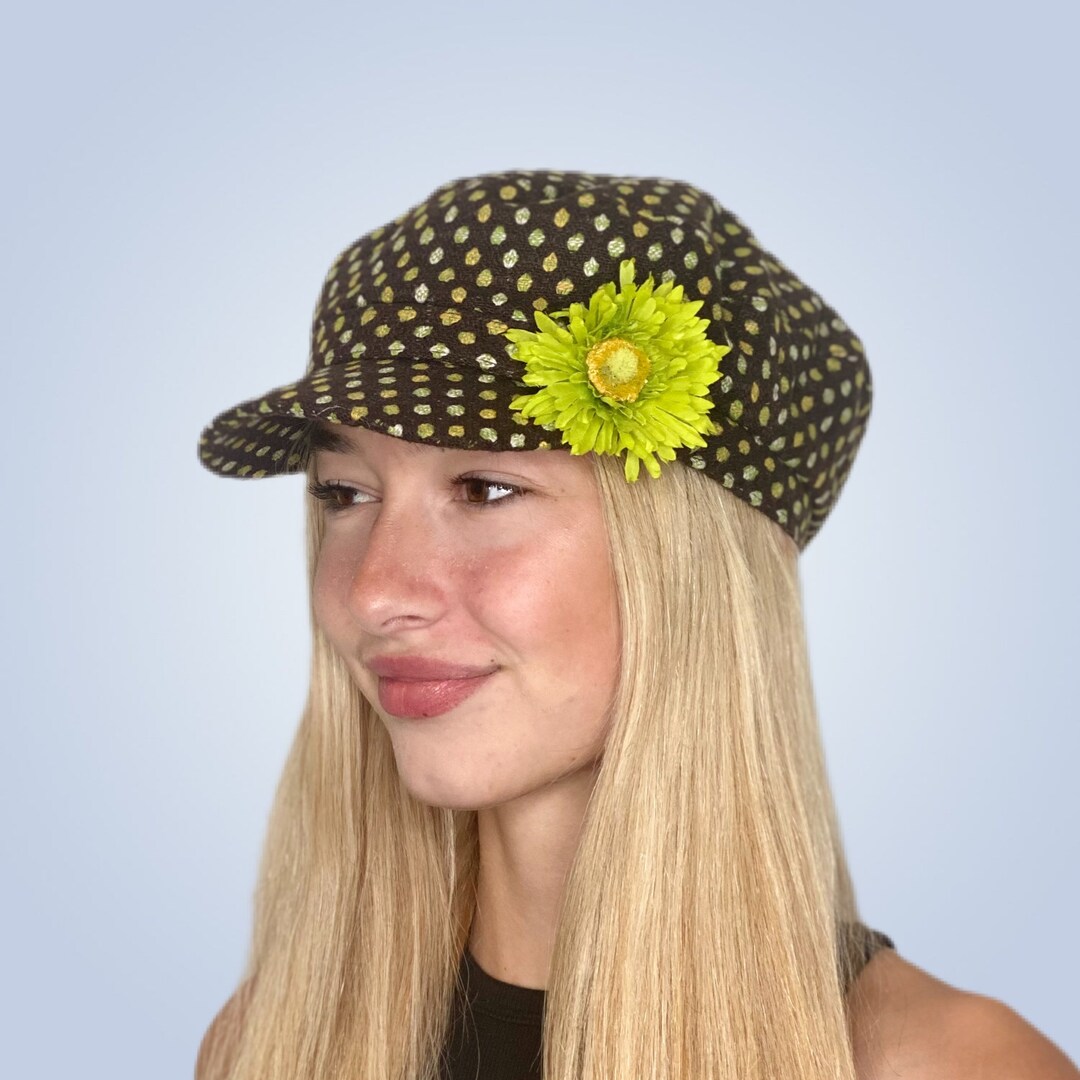 Polka Dot Cabbie Hat in Brown With Removable Flower Pin - Etsy