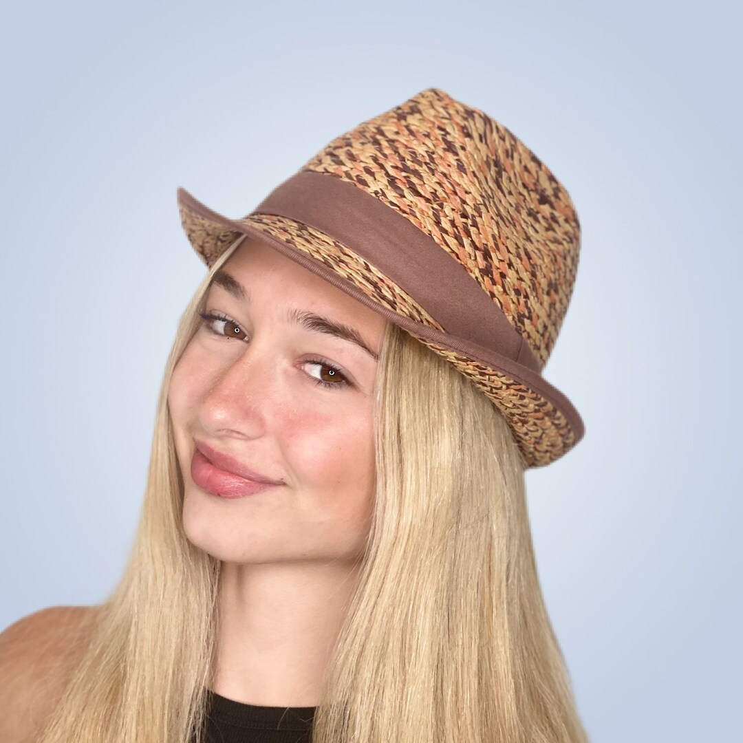 2000s Vintage Unisex Brown/tan Straw Fedora With Brown Band - Etsy