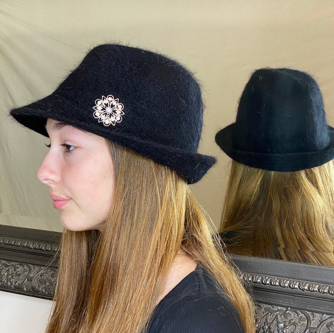 2000s Vintage Angora Fuzzy Fedora in Black With Rhinestone ...
