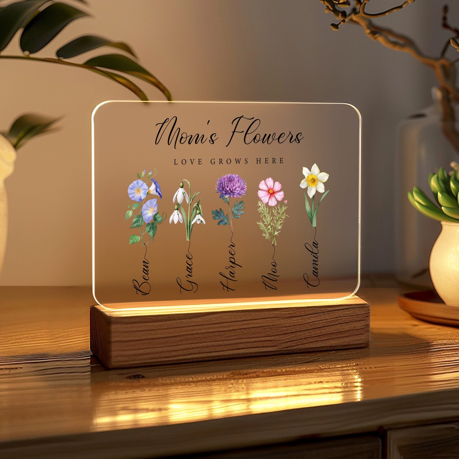 Personalized Birth Flower LED Night Light: Mom's Garden Gift - Etsy