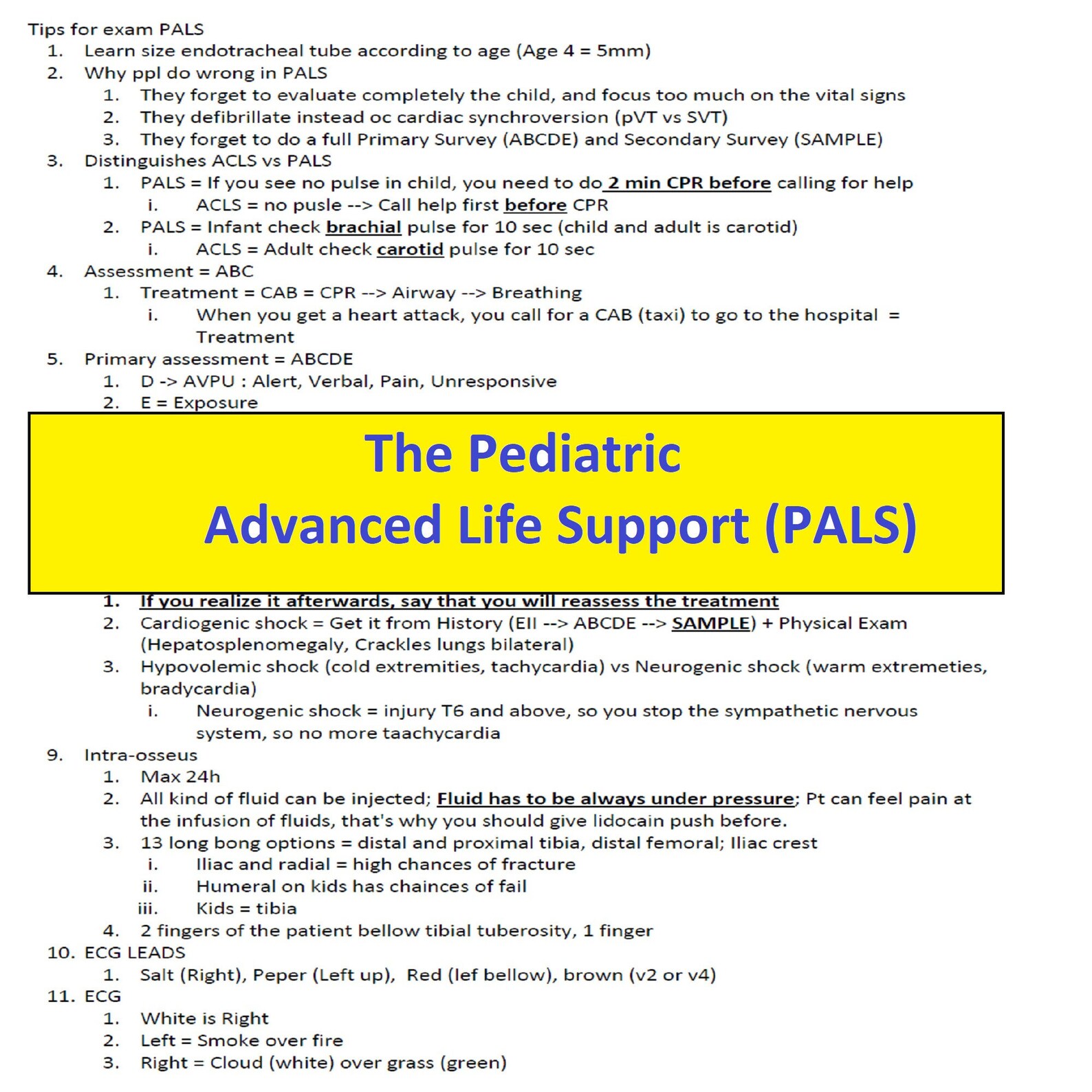 Pediatric Advanced Life Support (PALS) Exam Pre Notes and Tips 14 Pages ...