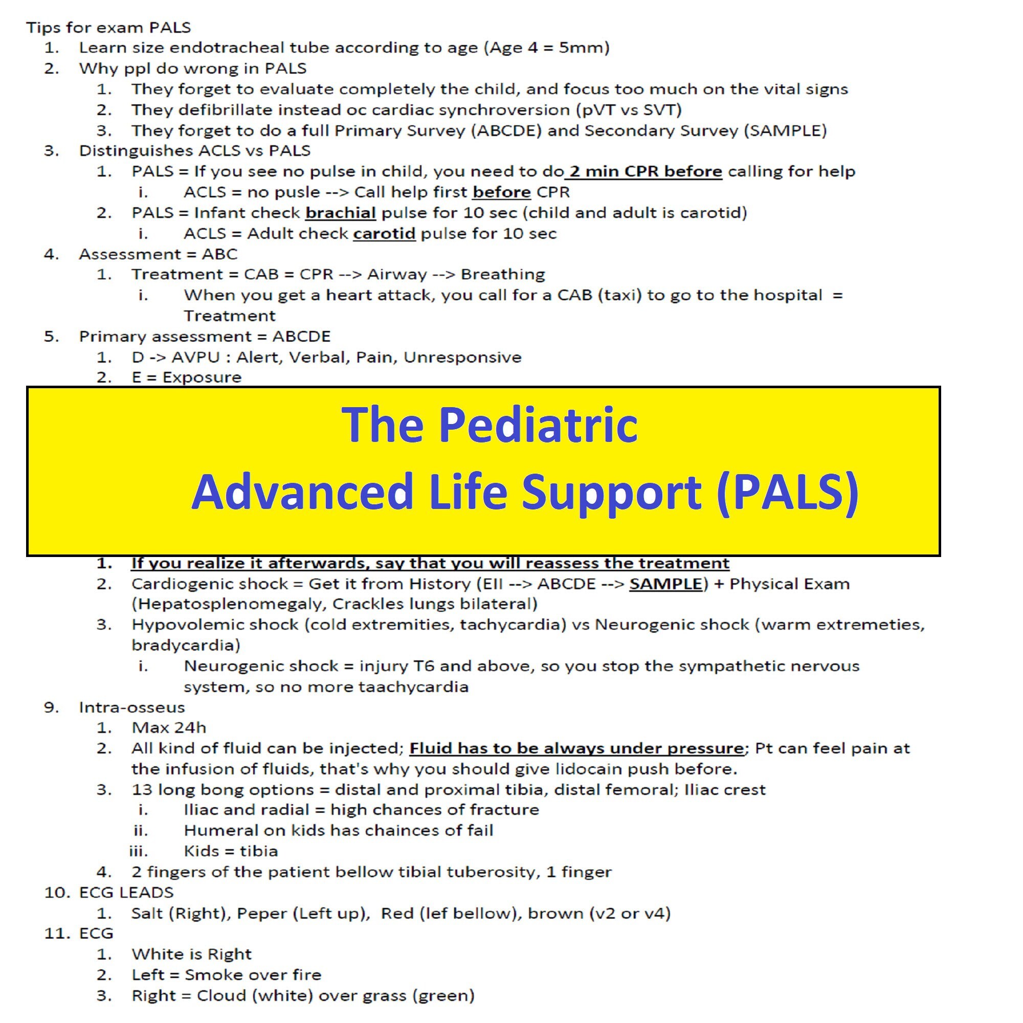 Pediatric Advanced Life Support (PALS) Exam Pre Notes and Tips 14 Pages ...