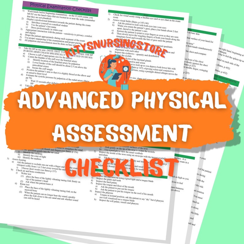 ADV. Physical Assessment Checklist Study Notes 4 Pages PDF Printable ...