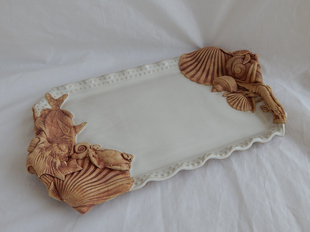Handcrafted Stoneware Beaded Rectangular Tray With Shells and Other Sea ...