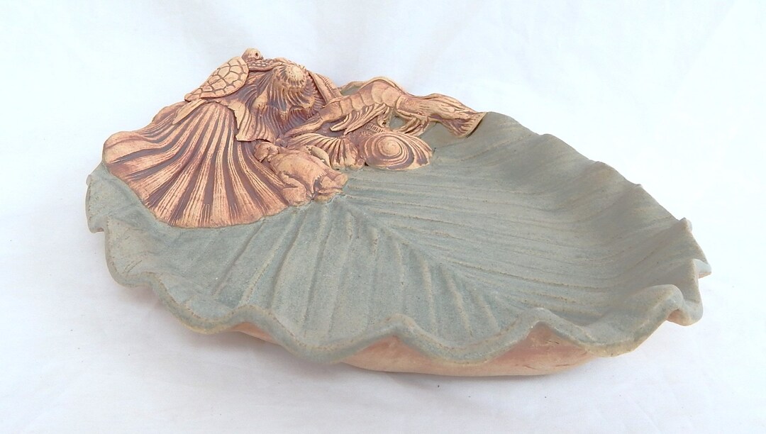 Palm Leaf Dish With Sea Shells and Other Creatures in Matt Green Glaze ...
