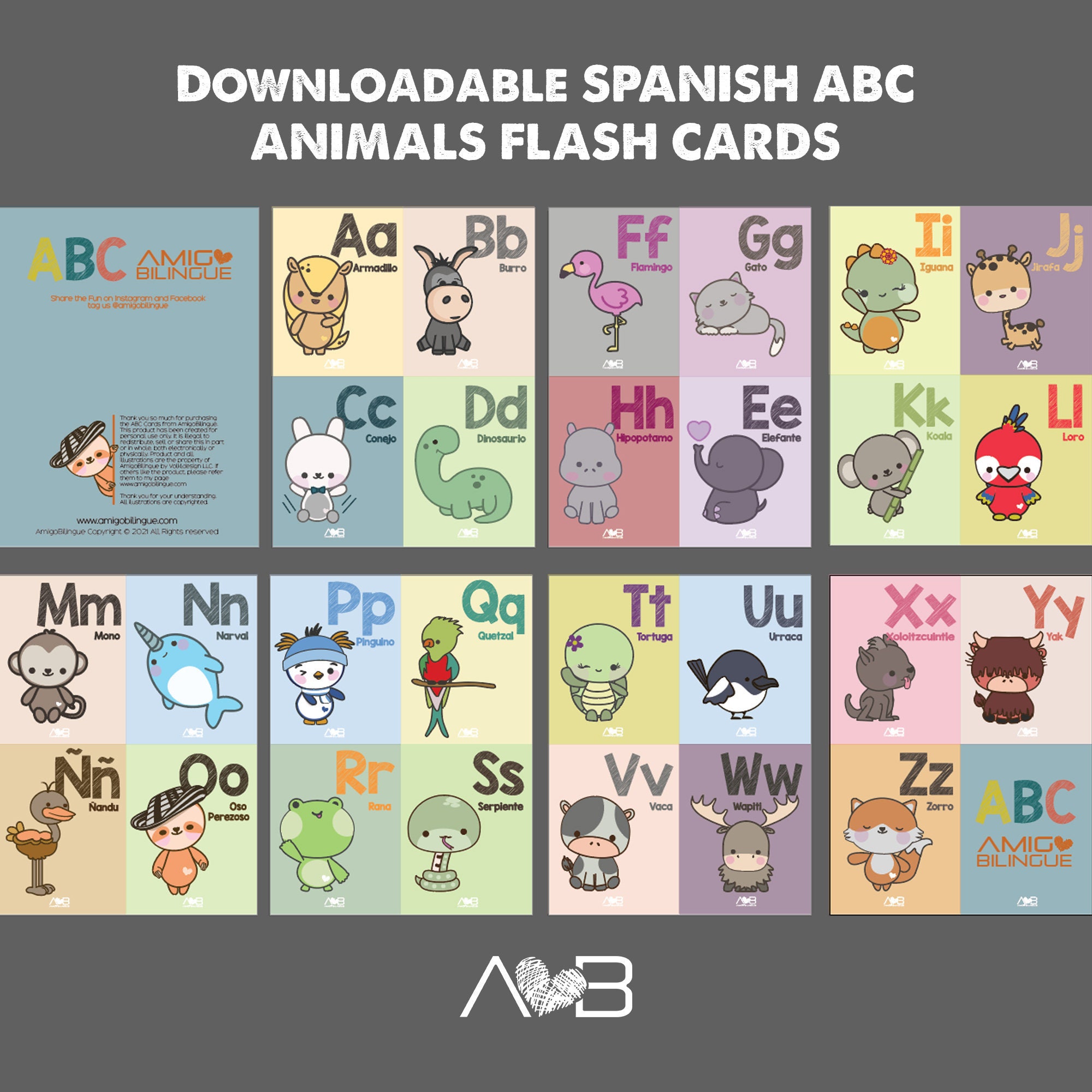 Alphabet Spanish Animals Cards Instant Download, Flash Cards ...