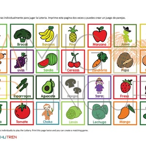 Loteria - Frutas Y Verduras (fruits and Vegetables) and Matching Game ...