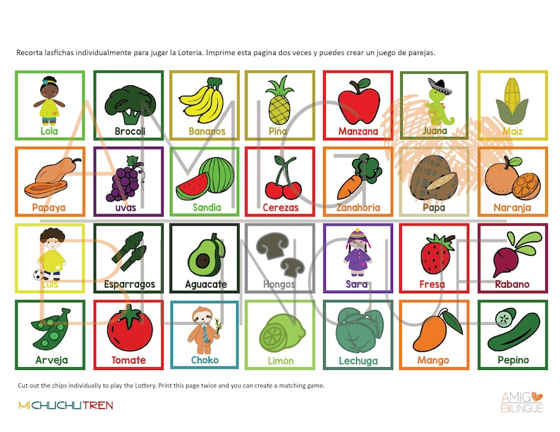 Loteria - Frutas Y Verduras (fruits and Vegetables) and Matching Game ...