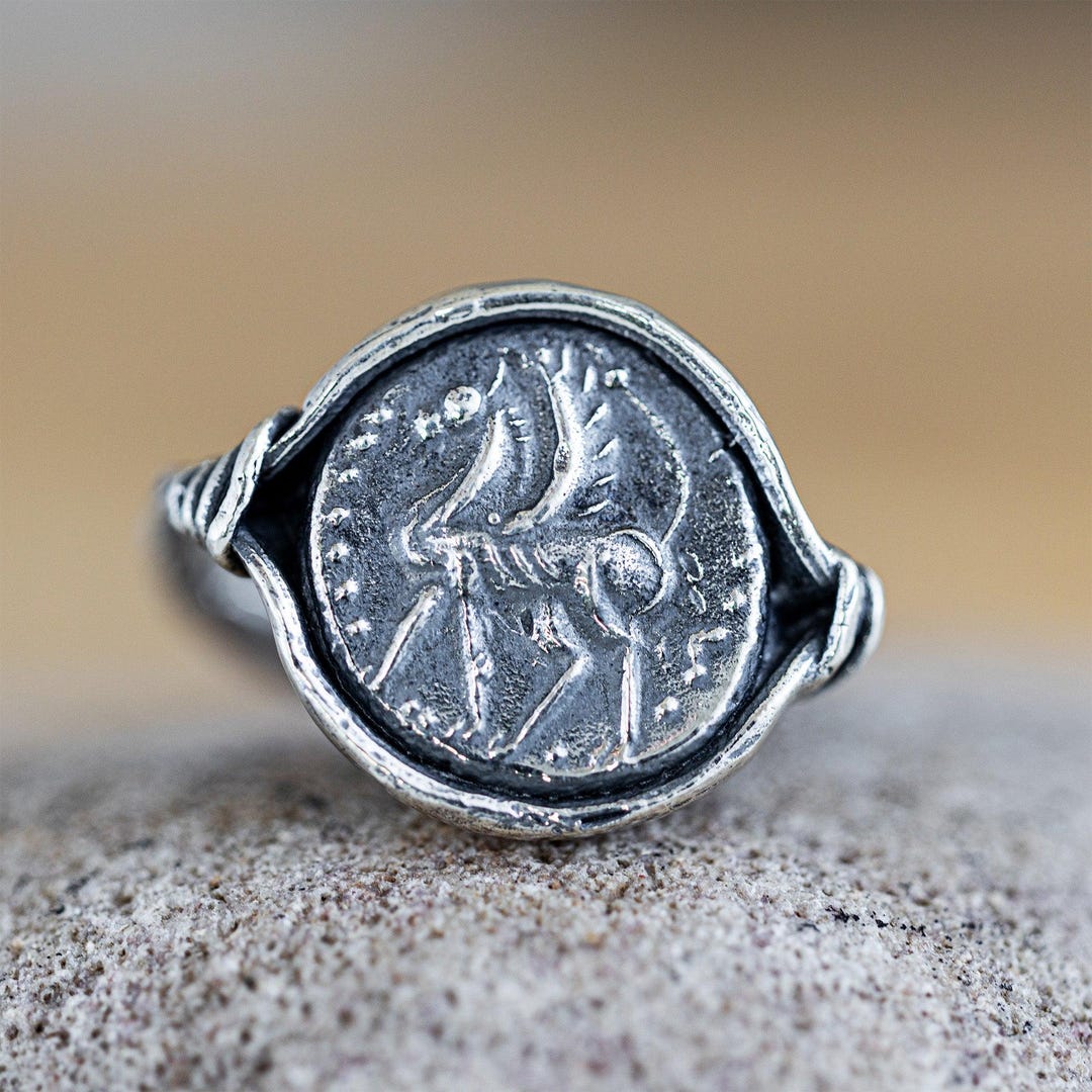 Pegasus Seal Engraving Modern Design Oxidized 925 Silver Unisex Ring W ...