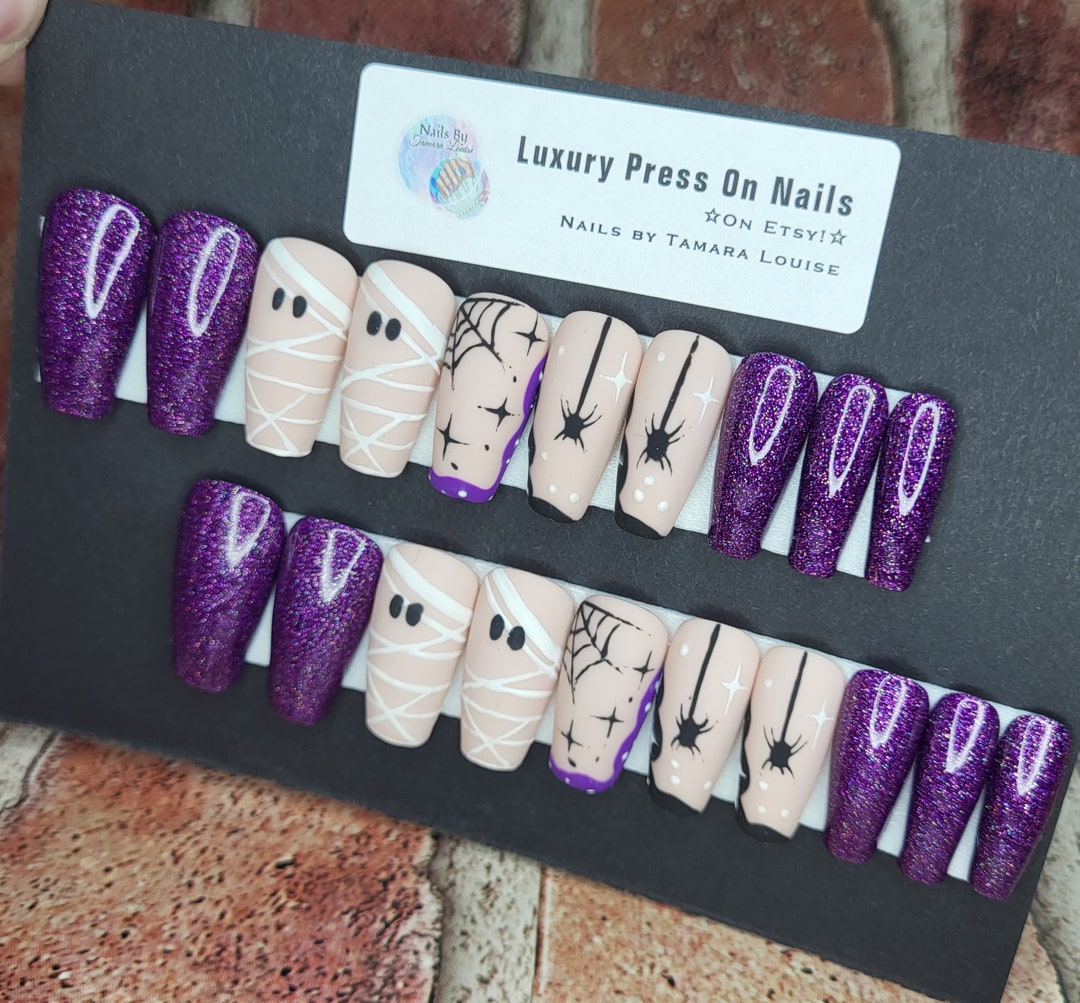 Reusable FULL SET Matte and Glossy Purple Glitter Hand Painted Mummy ...