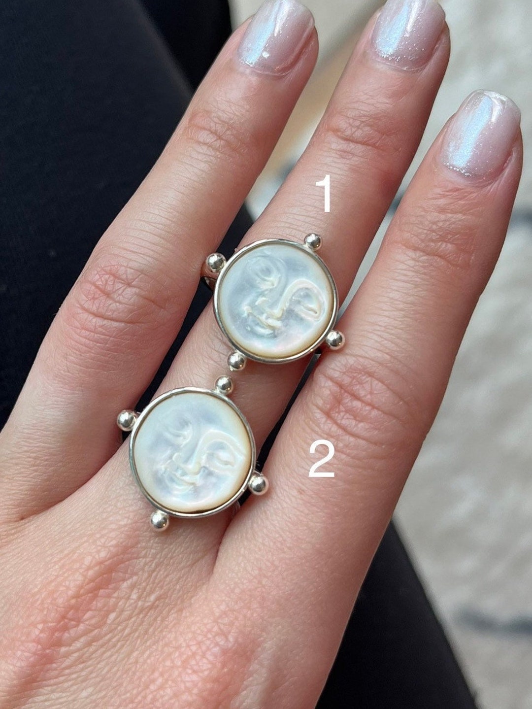 US7/ Moon Face Ring/ Mother of Pearl Ring/ Statement Ring/ Sterling ...