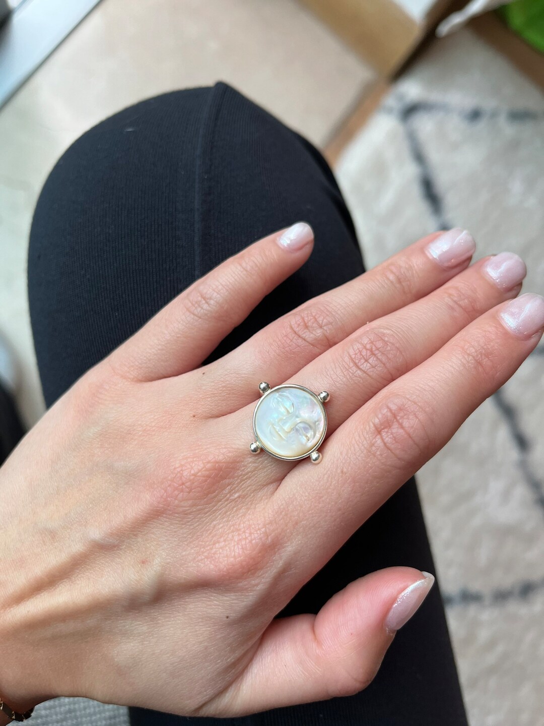 US5/ Moon Face Ring/ Mother of Pearl Ring/ Statement Ring/ Sterling ...