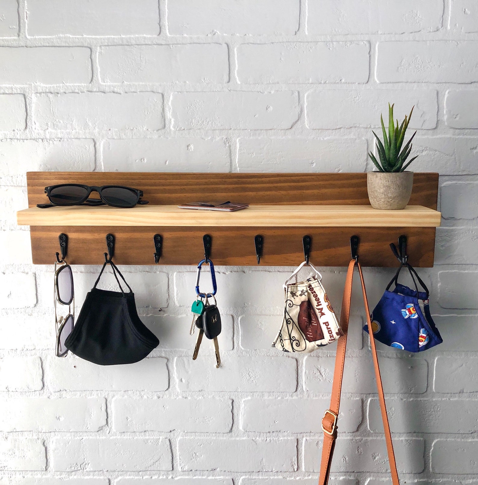 Wooden Entryway Hook Rack Mask Storage Shelf - Etsy