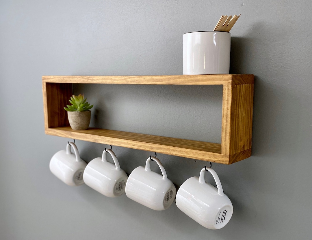 Floating Wood Box Coffee Shelf With Hooks - Etsy