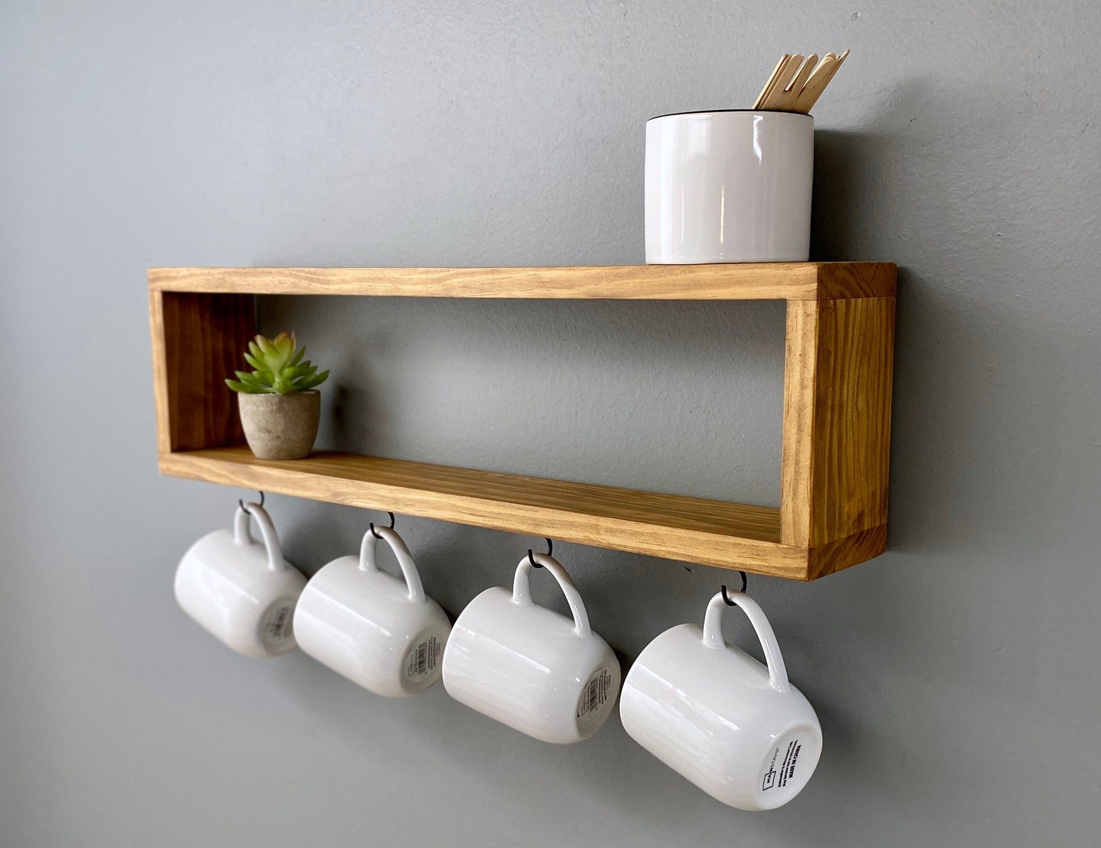 Floating Wood Box Coffee Shelf With Hooks - Etsy