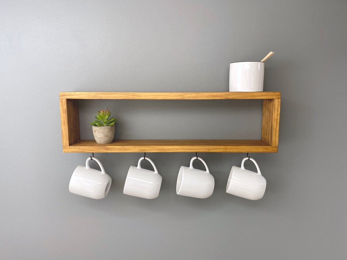 Floating Wood Box Coffee Shelf With Hooks - Etsy