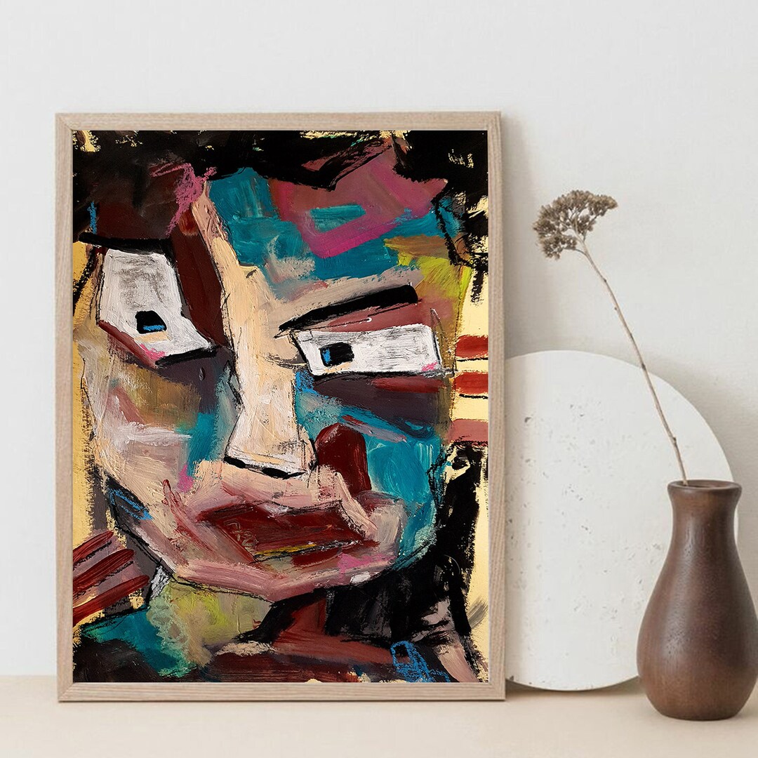 Figurative Abstract Wall Art, Cubist Figure Painting, Blue Pink ...