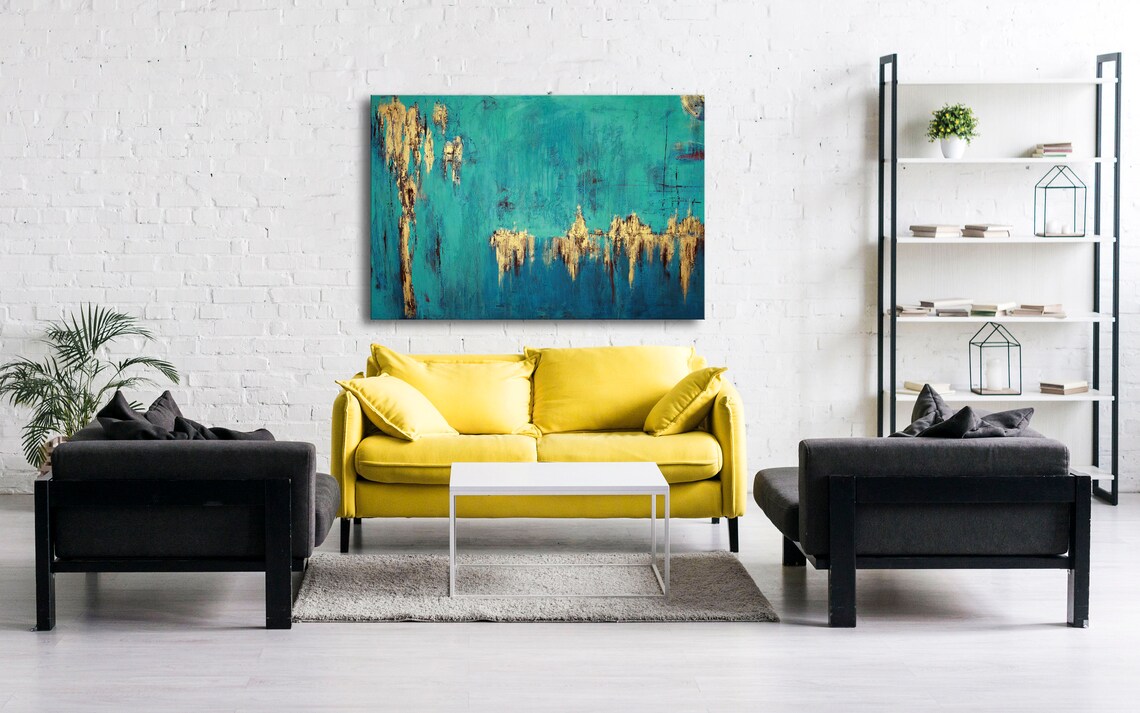 Turquoise Gold Abstract Painting Large Modern Pallet Knife - Etsy